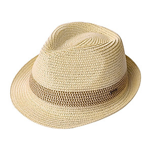 Fancet Packable Straw Fedora Panama Sun Summer Beach Hat Cuban Trilby Men Women 63-65cm Size 8 XX-Large Beige