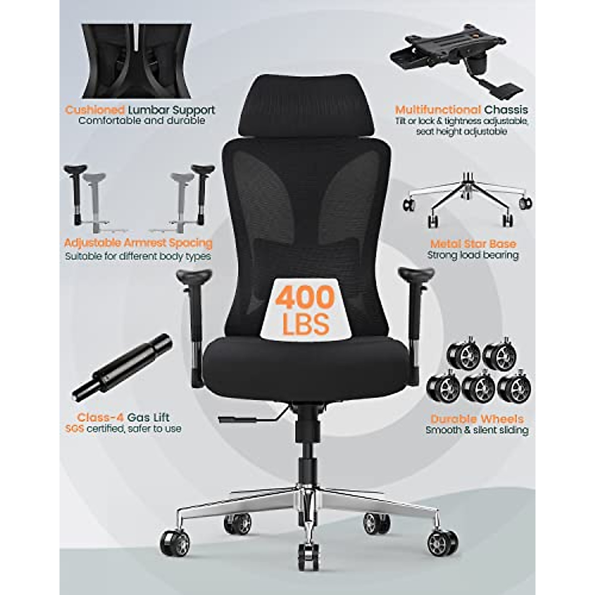 Raynesys Big and Tall Office Chair for Heavy People, 400LBS Capacity with Wide Seat,Heavy Duty Material, Adjustable Armrests, Ergonomic Executive Chair for Home Office with Strong Lumbar Support,Black