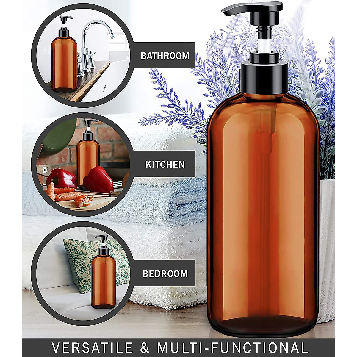 Amber Soap Dispenser with Rust Proof Pump, Waterproof Labels (2 Pack,16 Oz), Soap Dispenser Bathroom, Plastic Hand Soap Dispenser Dish Soap Dispenser for Kitchen, Premium Thick Soap Pump Bottles