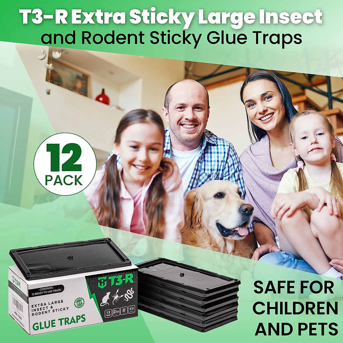 T3-R Sticky Traps for Bugs Extra Large (12 Pack) - Mouse and Insect Glue Boards - Disposable Non-Toxic Glue Traps for Mice and Rats - Extra Strength Sticky Glue Traps for Rodent