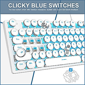 Camiysn Typewriter Style Mechanical Gaming Keyboard, White Retro Punk Gaming Keyboard with Blue Backlit, 104 Keys Blue Switch Wired Cute Keyboard, Round Keycaps for Windows/Mac/PC