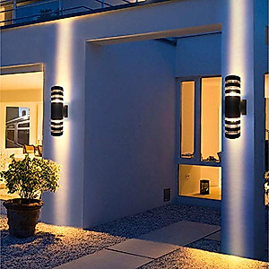 Outdoor Wall Sconce Porch Cylinder Light, Modern Exterior Up and Down Wall Light Waterproof with Aluminum of Matte Black Finish and Toughened Glass for Patio, Garage, E27 Base