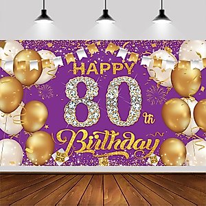 6x3.6FT Purple Gold 80th Happy Birthday Backdrop,Pink Gold Happy Birthday Photography Background Banner for Birthday Party Backdrop for Men Women Birthday Party Supplies Decoration.