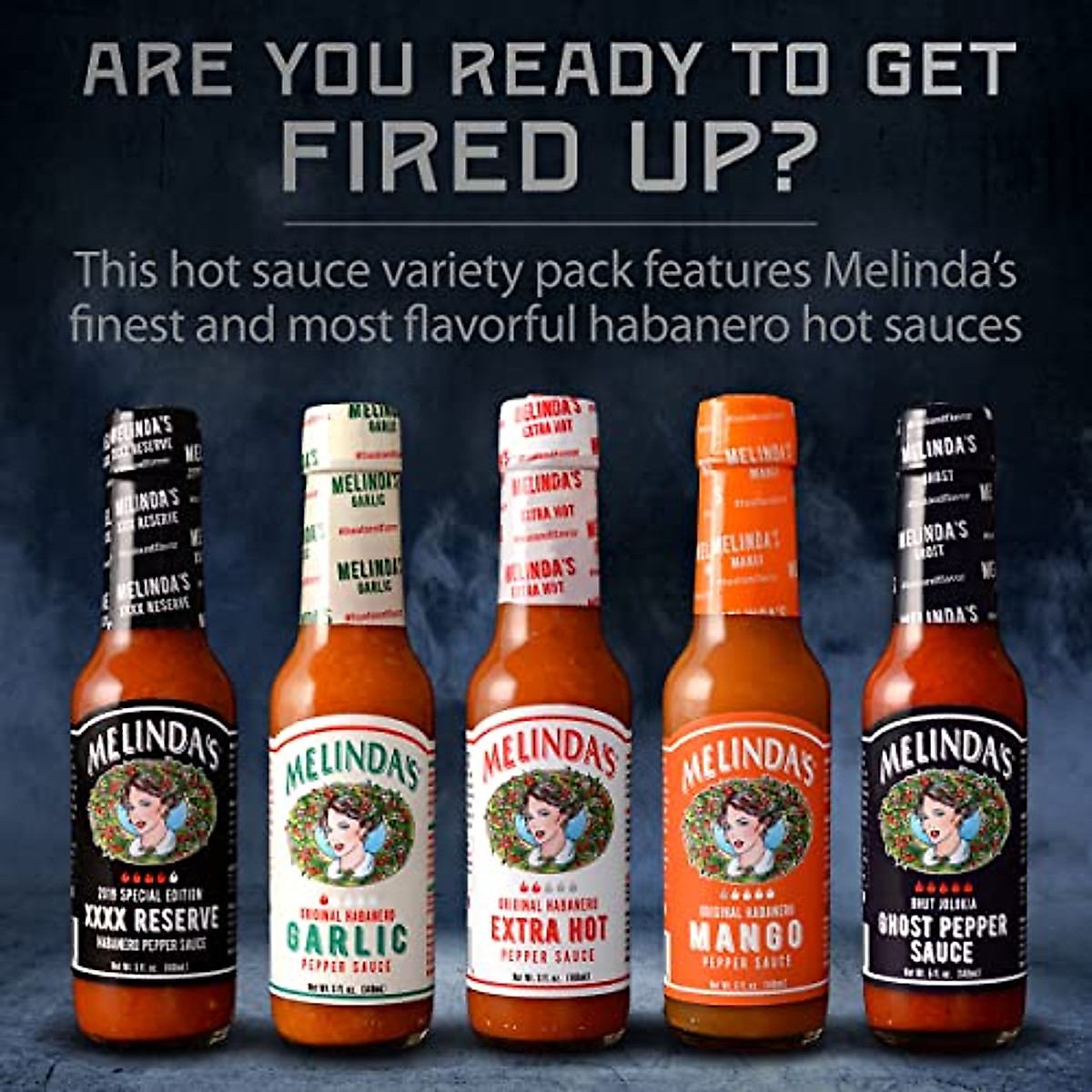 Melinda’s Habanero Hot Sauce Variety Pack - Extra Spicy Gourmet Hot Sauce Gift Set with Variety of Heat Levels - Includes XXXXtra Reserve, Garlic Habanero, Extra Hot, Mango, Ghost Pepper- 5 oz, 5 Pack