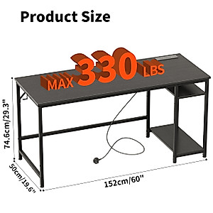 JOISCOPE Computer Desk with USB & Type-C Outlet, Home Office Desk with 2-Tier Storage Shelves, Modern Gaming Desktop Workstation, 60 inches, Black