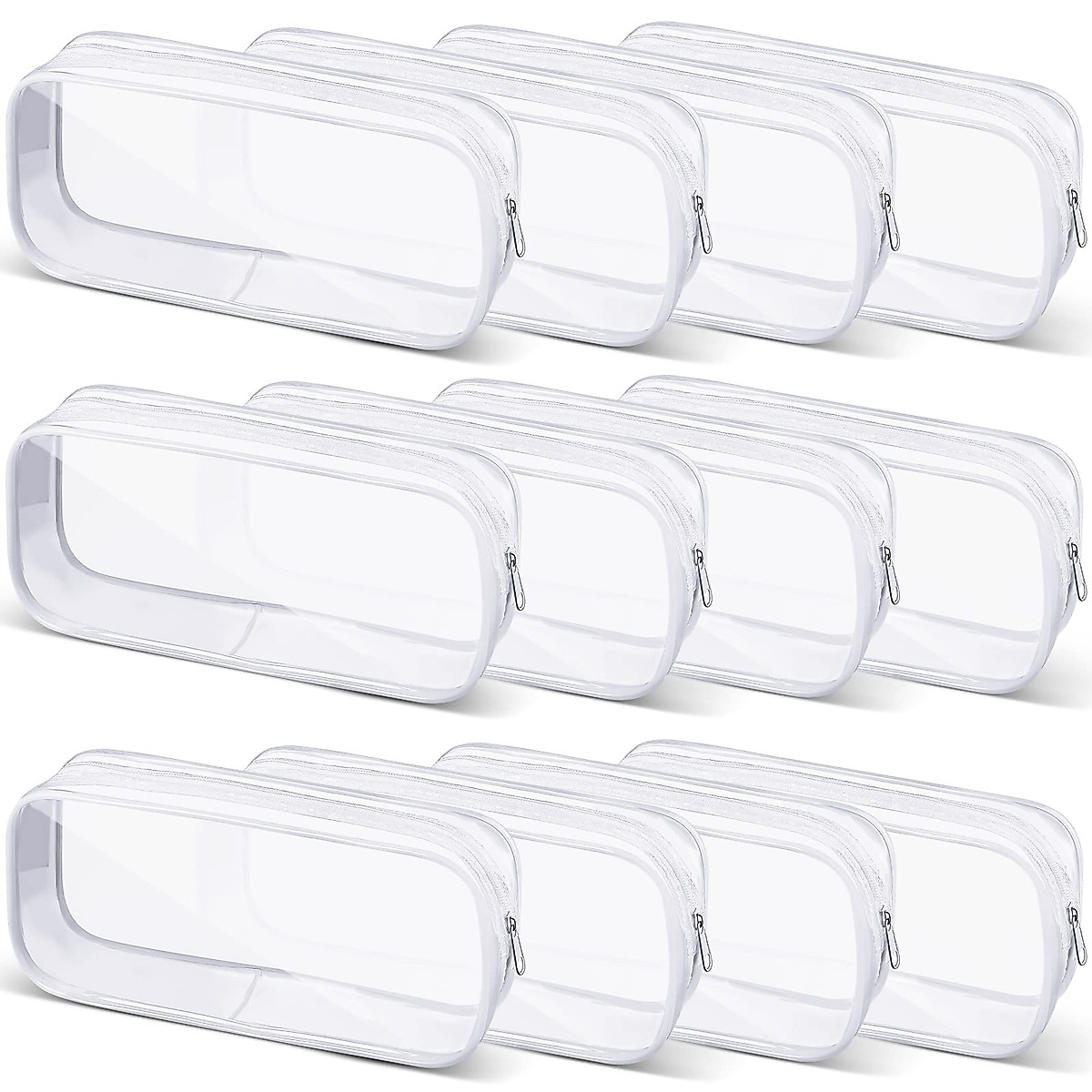 Cindeer 12 Pcs Clear PVC Pencil Bags with Zipper Pencil Pouch Clear Pencil Box Travel Toiletries Bag Makeup Bags Large Capacity Pencil Bag for Office Stationery Travel Storage (White)