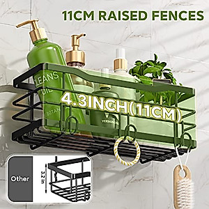 Adhesive Shower Caddy Bathroom Organizer, High Guardrail Shower Shelf for Inside Shower with 5 Hooks, No Drilling Shower Organizer Rustproof Stainless Steel Wall Mounted Shower Shelve - 2 Pack