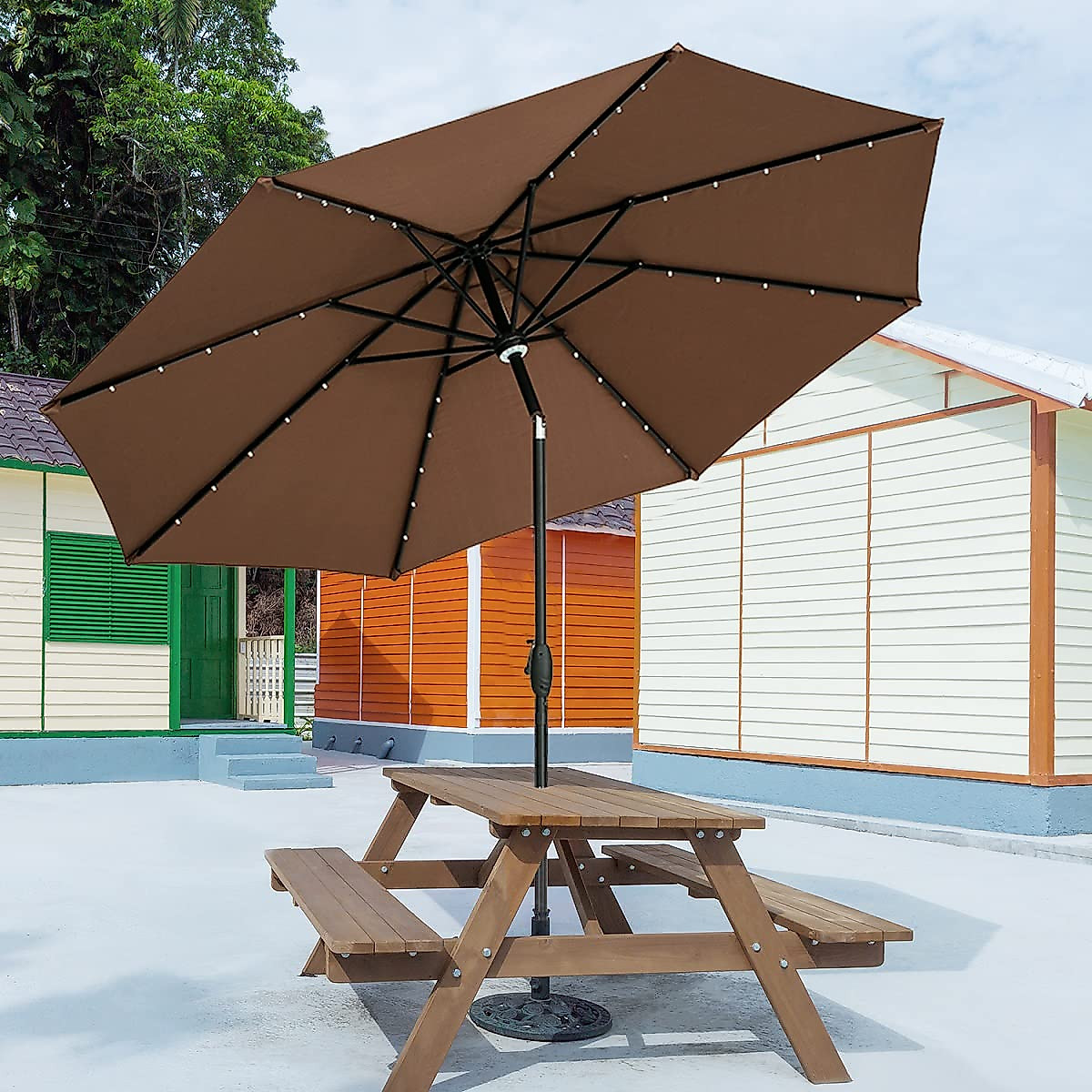 Sunoutife 10FT Patio Umbrella with 40 Solar LED Lights, Large Outdoor Table Umbrella with Tilt Adjustment and Crank for Market Garden Backyard & Pool