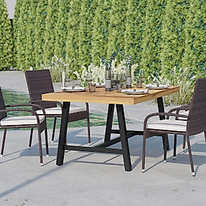 Flash Furniture Rafe Commercial Grade Acacia Wood Dining Table with Metal Base, Indoor/Outdoor Rectangle Patio Table with Plank Style Table Top, Natural/Black