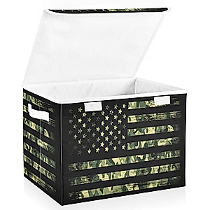 DOMIKING American Flag Green Camo Large Storage Bin with Lid Collapsible Shelf Baskets Box with Handles Organizing Container for Bedroom Living Room Kid's Room