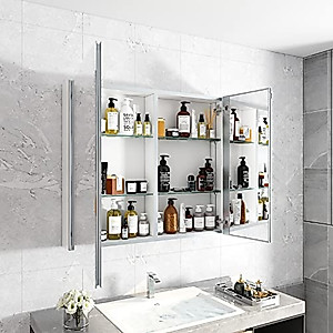 AOOCOW Bathroom Medicine Cabinet with Mirror Double Doors, 30"×26" Aluminum Bathroom Medicine Cabinet with Adjustable Glass Shelves, Bathroom Medicine Cabinet with Storage Recess or Surface Mount
