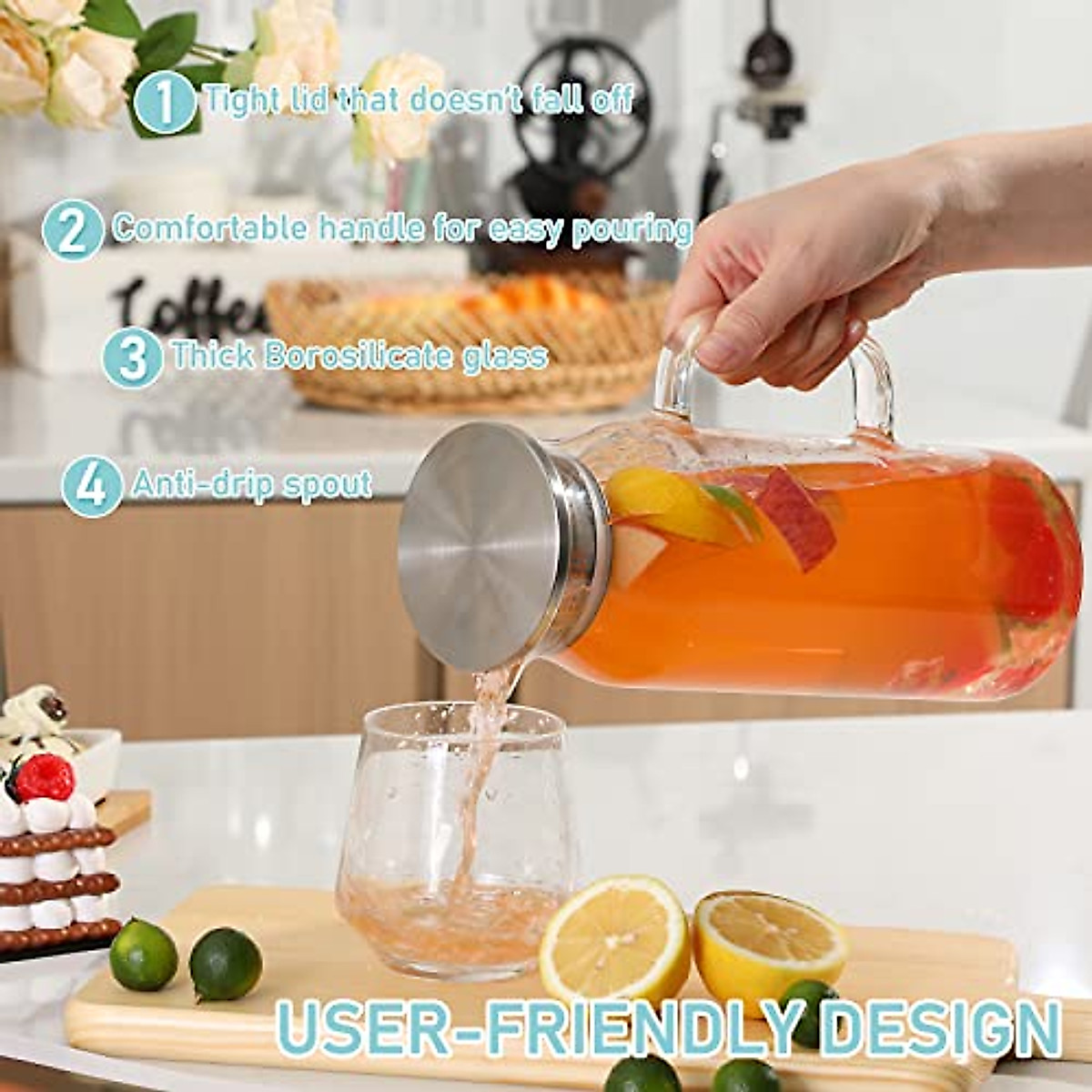 2 Pcs Glass Pitcher Water Pitcher with Lid Hot Cold Water Pitcher Bedside Water Carafe with Handle Heat Resistant Borosilicate Glass Jug for Fridge Beverage Carafe (68 oz,Stainless Steel)