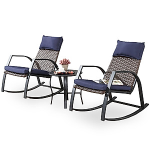 PatioFestival Patio Bistro Set 3 Pieces Outdoor Furniture Cushioned Rocking Chairs with Side Table Pillow All Weather Frame, Blue