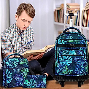 FTJCF 3pcs Rolling Backpack for Men, 21 Inche Adult Bag with Roller Wheels, Wheeled Bookbag Set for Boys - Green