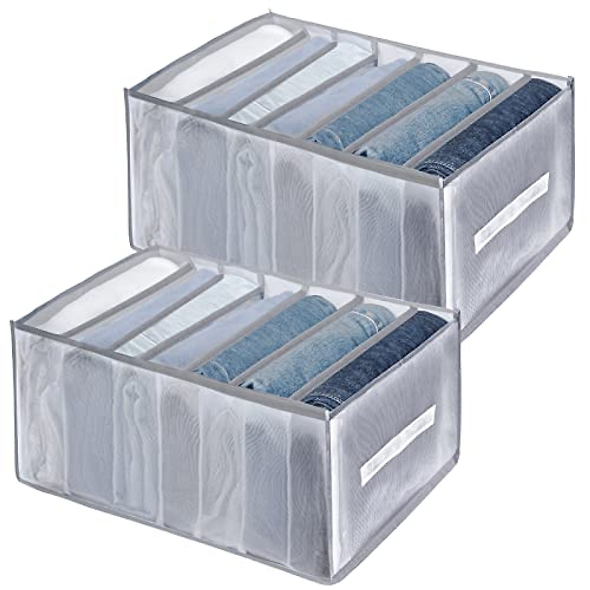 Upgraded 7 Grids Wardrobe Clothes Organizer,2PCS Jean Organizer, Jeans Compartment Storage, Drawer Organizers for Clothing with Handle Foldable, Extra Large Wardrobe Organizer