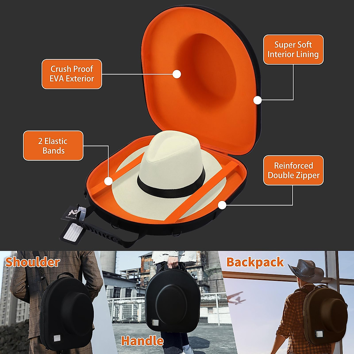 Hat Holder for Travel – Travel Hat Case with Tablet Pocket, Hat Travel Case, Hat Box Travel, Carrier Case for Travel Protects up to 2-Equipped with a Carrying Handle, Shoulder & Luggage Strap (Orange)