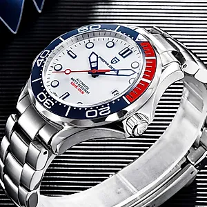 Pagani Design 007-Model Automatic Diving Watches for Men NH35 Movement, Stainless Steel Materials, Rotating Ceramic Bezel, Sapphire Domed Mirror, 100M Waterproof Mechancial Self Winding Wrist Watch