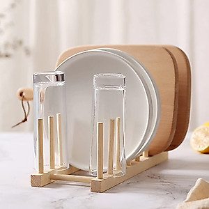 2PCS Bamboo Wooden Dish Rack, Plate Rack Stand Pot Lid Holder w/Holds 14 Plates, Kitchen Dish Plate Storage Cabinet Organizer Drainer w/ 7 Slots for Cup, Cutting Board, Bowl, Drying Rack and More