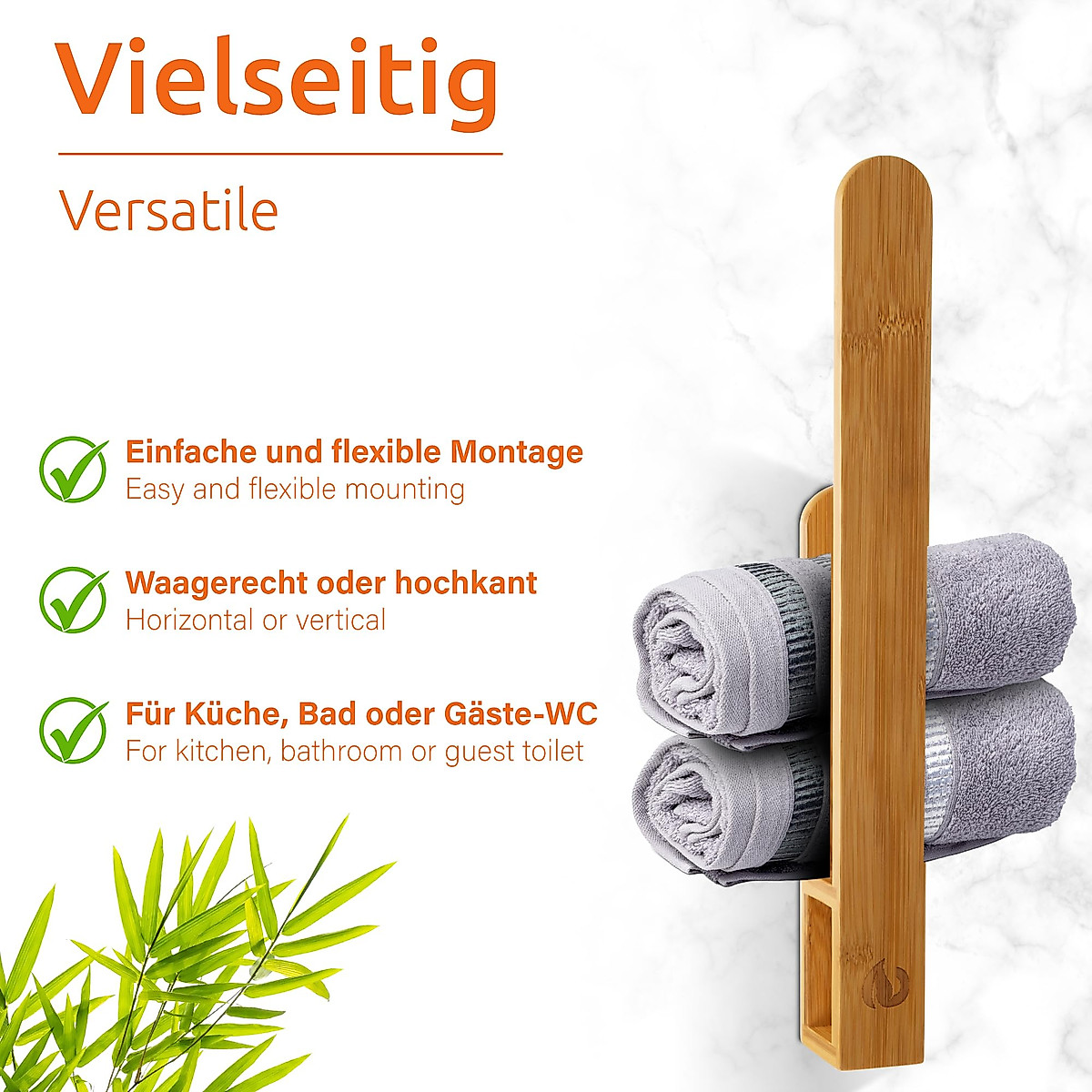 ECENCE Hand Towel Holder Bamboo Wood Adhesive Wall Mounted, Hand Towel Bar for Bathroom Guest Hand Towel Rack 15.16"