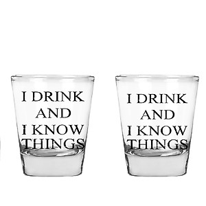 AW Fashions I Drink and I Know Things - Funny Parody Party Shot Glass - 2 Pack Set of Shot Glasses Bachelorette Bachelor Game