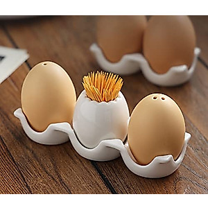Egg-Shaped Ceramic Spice Shaker Seasoning Dispenser Flavor Ware Toothpick Jar Bottle With Holes, Porcelain Cruets Salt and Pepper Powder Tank with Tray for Barbecue Restaurant Kitchen Household Gift