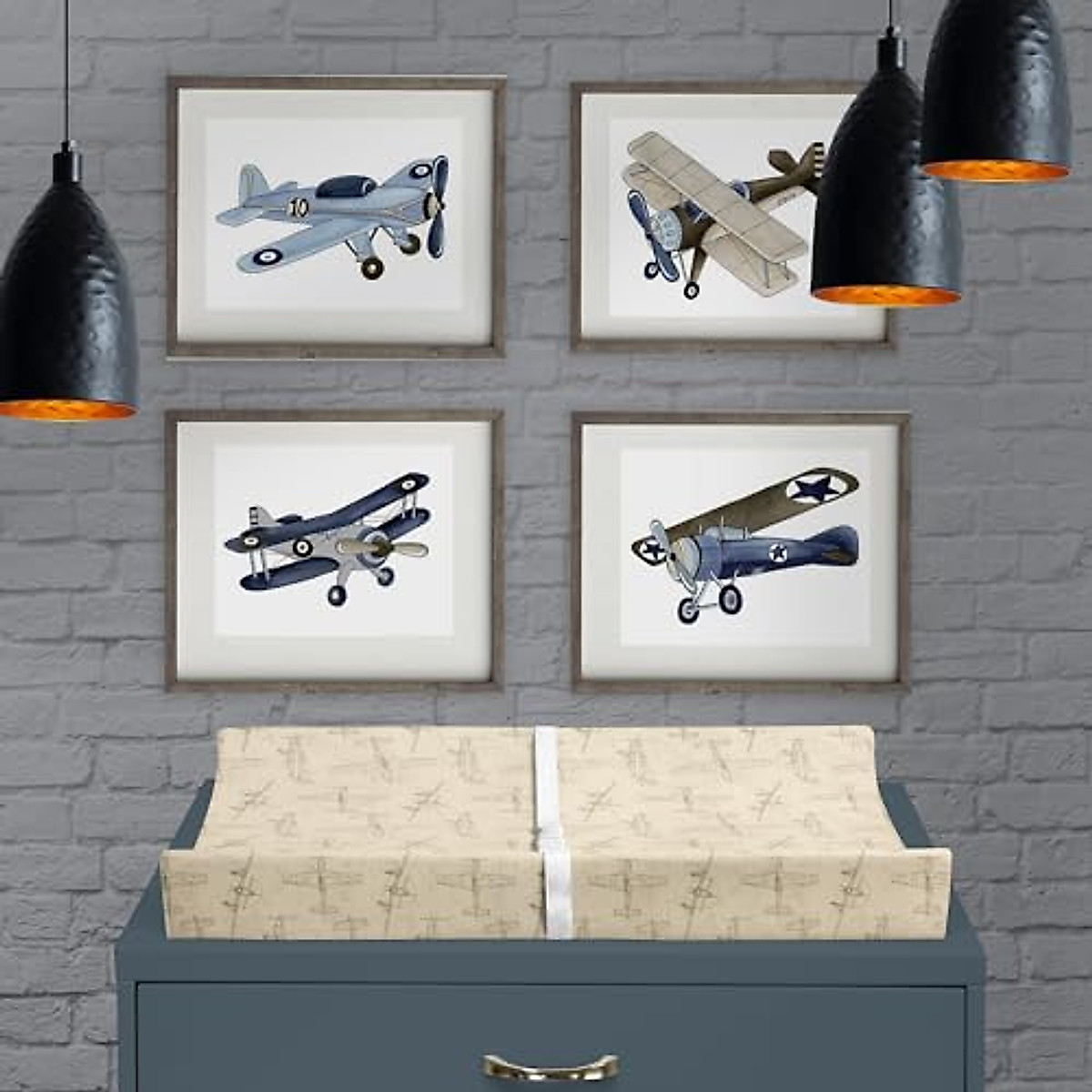 Glenna Jean Airplane Diaper Changing Pad Cover, Tan Brown Flying Aviation Baby Boy Nursery, Soft Cotton Infant Changing Pad Cover, Fits Standard Changing Pads, Vintage Airplane Design