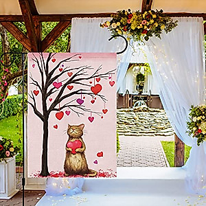 Heyfibro Valentine's Day Cat Garden Flag, Valentines Heart Love Tree Burlap 12 x 18 Inch Double Sided Yard Flag, Spring Seasonal Outdoor Decoration for Valentines Day Gifts(ONLY FLAG)