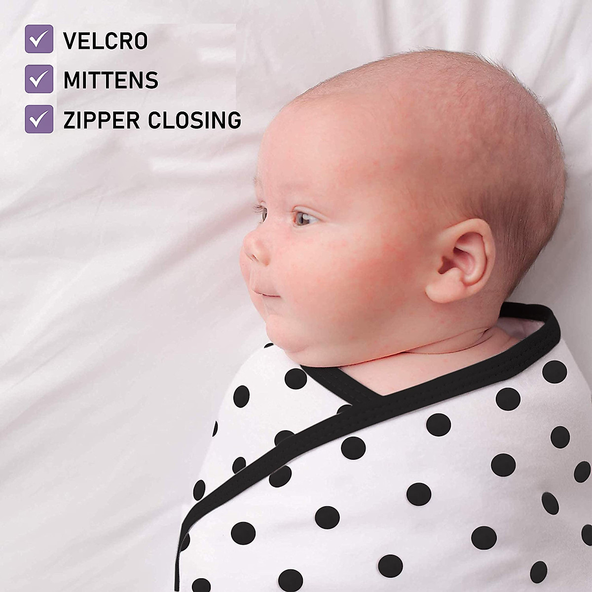 Who's That Baby 2 Pack Adjustable Baby Swaddles 0-3 Months for Newborn Boys and Girls with 2 Baby Mitten Sets, Organic Cotton | Grey and White with Black Polka Dots, Small, SB-001