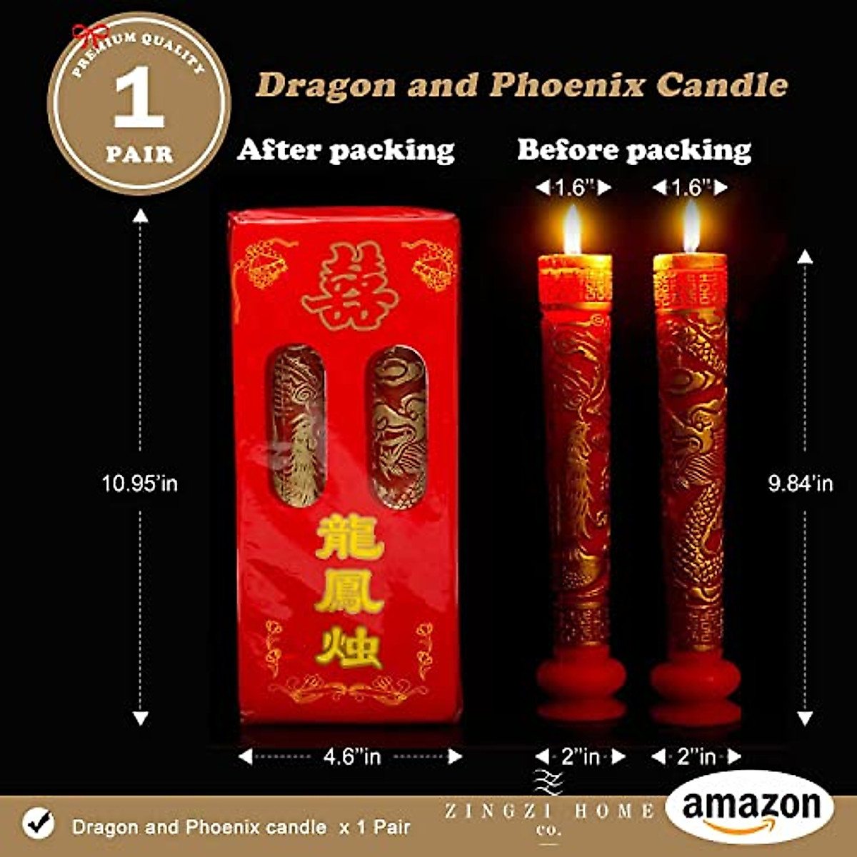 ZINGZIHOME Chinese Dragon and Phoenix Wedding Candles Red Traditional Double Happiness 1 Pair, 9.84 Inch Tall x 2 Inch Diameter, Great for Chinese Weddings Decoration as Well as Special Events