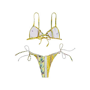 WDIRARA Women's Floral Print Tie Side Swimwear Straps Bikini Sets Swimsuits Yellow Floral M