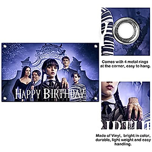 Wednesday New Addams Party Supplies, Happy Birthday Backdrop for Wednesday Party Decorations, 5 x 3FT Birthday Banner for Girls Boys Kids Birthday Party Decor