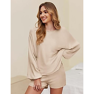 Ekouaer Knit Pajamas Set for Women Lounge Sets Long Sleeve Sweatsuit Matching 2 Piece Outfits Cute Sweater Sets Apricot M