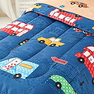 Boys Toddler Bedding Set Navy with Colorful Cars Includes 1 Boys Comforter, Flat Sheet, Fitted Sheet and Pillowcase
