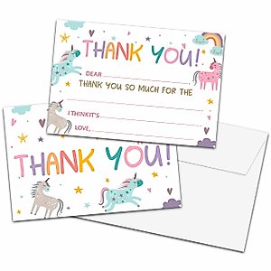 Kids Thank You Cards Fill in the Blank, Magic Unicorn Thank You Cards, Rainbow Unicorn Greeting Cards, Thank You Notes For Girls, Birthday Party Decorations Favors (20 Cards With 20 Envelopes) -08
