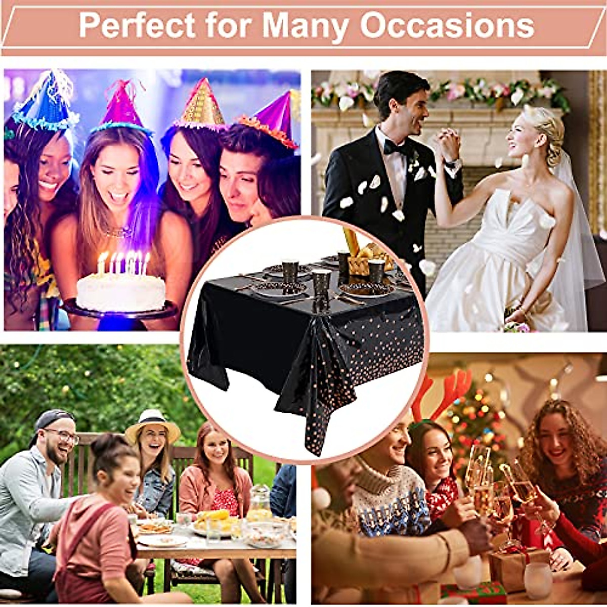 vannyster Black 4 Pack 54x108 Inch Disposable Plastic Tablecloths, Rose Gold Dot Confetti Table Covers for Party Supplies