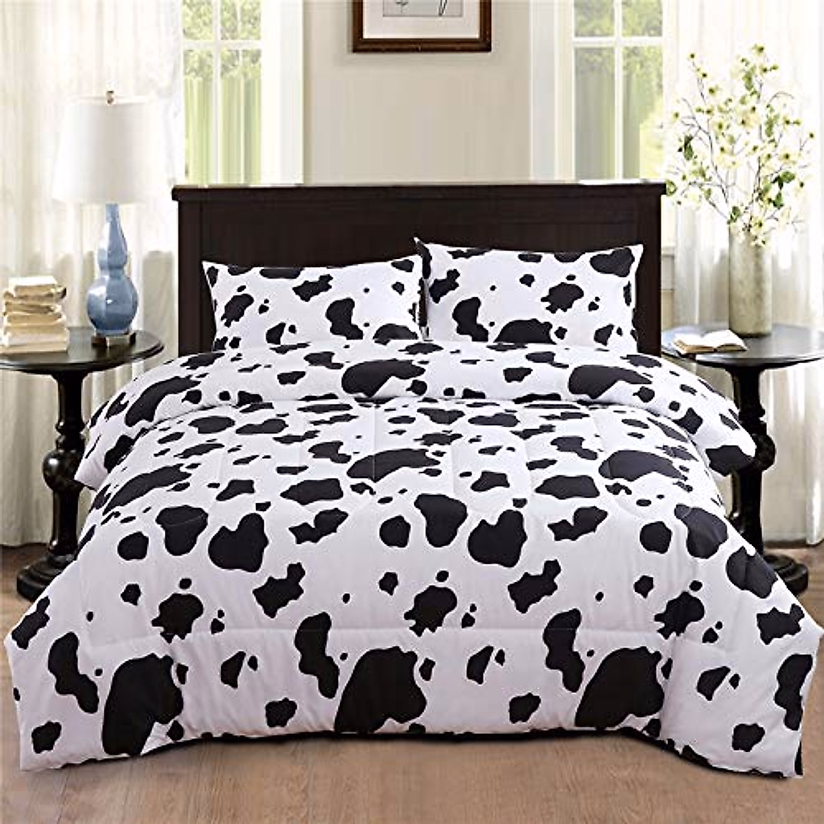 PERFEMET Cow Print Bedding Comforter Set Cartoon Milk Cow Print Bedding Set Reversible Plaid Grid Bed Sets for Kids Teens Boys Girls (Twin/Twin XL Size, Black and White)