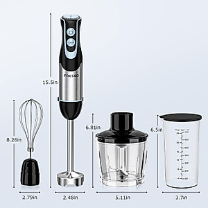 FRESKO Immersion Hand Blender 4-in-1, 500W Powerful Stainless Steel Emulsion Blender Handheld with 12-Speeds & Turbo Mode, Includes Measuring Cup, Chopper & Whisk, Ideal for Blending Soups & Smoothies