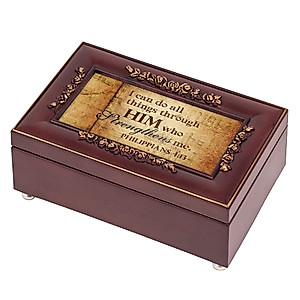 Cottage Garden All Things Through Him Embossed Petite Rosewood Jewelry Music Box Plays Canon in D