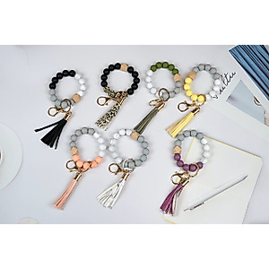Meroqeel Silicone Beads Key Ring Keychain Bracelet Wristlet for Women, Cute Bead Car Keys Holder Chain Bangle, Stretchy Circle Beaded Keyring for Girls Small Wrist with Leather Tassel - Marble White