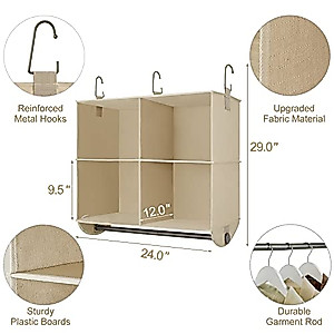 TOPIA HOME 4-Section Hanging Closet Shelves with Rod, Upgraded Thickened Fabric Hanging , Collapsible Closet Organizers and Storage Organization, 24" W x 12" D x 29" H, Beige