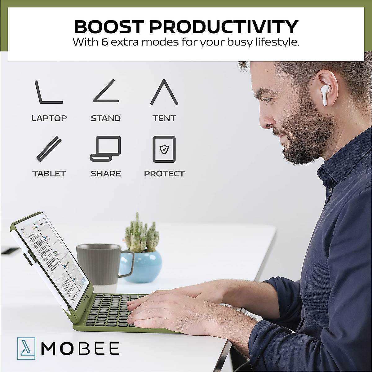 mobee Unitype iPad 7th 8th and 9th Generation Keyboard Case for iPad 10.2 2021 & 2020, iPad Air 10.5 2019, iPad Pro 10.5 2017 Backlit Keys 360° Bluetooth with Touchpad iPad Air 3 Gen - Tactical Green