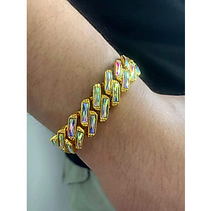 Apzzic 15mm Colorful Iced Out High Polished Gold Plated Hip Hop Miami Diamond Cuban Link Chain Bracelet for Men Women Gold 8Inch