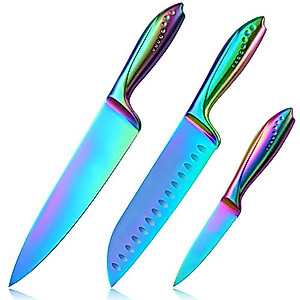 WELLSTAR Kitchen Knife Set 3 Piece, Razor Sharp German Stainless Steel Blade and Comfortable Handle with Rainbow Titanium Coated, Chef Santoku Paring for Cutting Dicing Mincing and Peeling, Gift Box