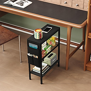 Yusong Small Narrow Side Table for Small Spaces, Slim End Table with Storage Bag, Sofa Snack Table with Adjustable Metal Mesh, 3 Tier Accent Skinny Beside Table for Living Room & Bedroom, Black Oak