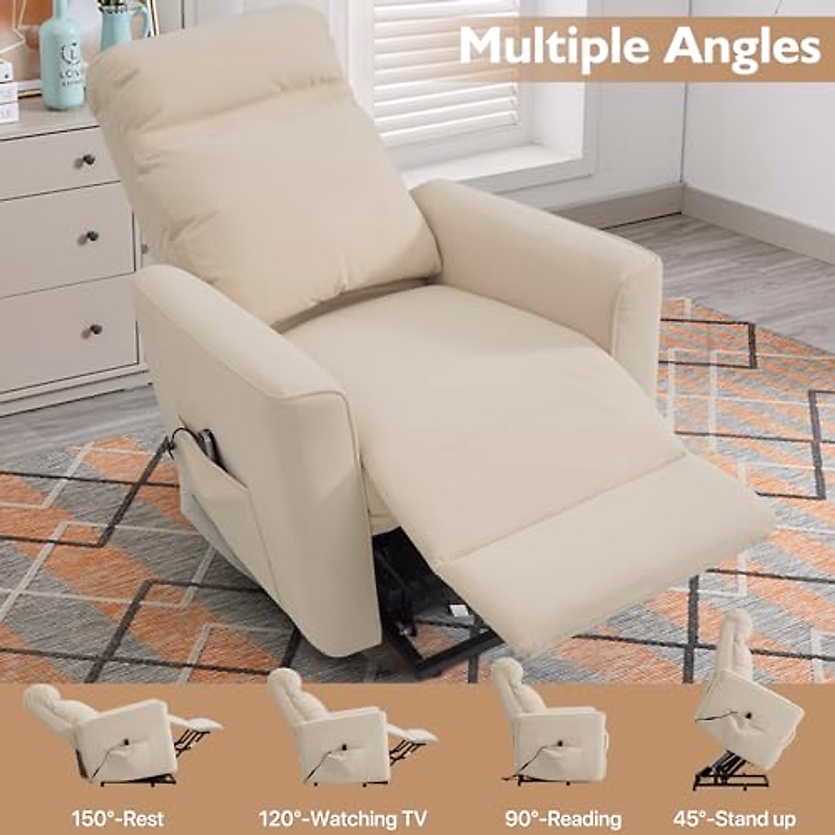 Wichvens Power Lift Recliner Chair with Massage,Multi-Angle Adjustment Seat,Mattevelvet Fabric Reclining Single Sofa with Side Pocket& Remote Control for Living Room,Bedroom,Office(Beige)