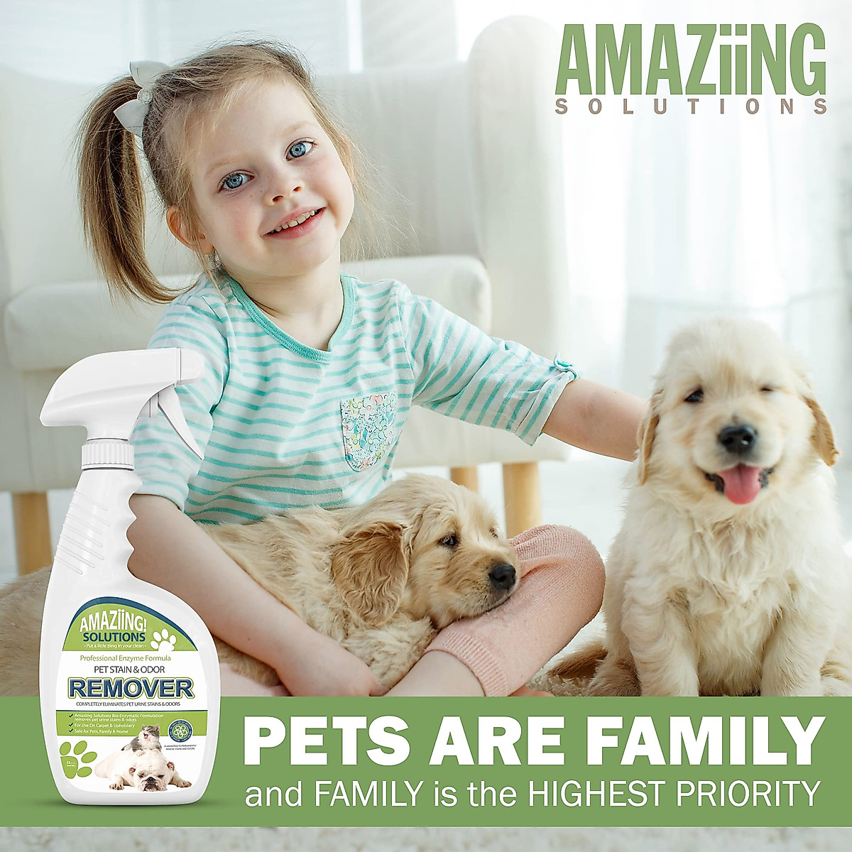 Amaziing Solutions Pet Stain and Odor Remover - Enzyme Cleaner, Pet Urine Odor Eliminator Spray - Floor & Carpet Cleaner Spray, Pet Deodorizers For Home, Fabric Spray W/Fresh, Clean Scent, 32oz Spray