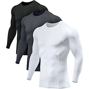 ATHLIO Men's UPF 50+ Long Sleeve Compression Shirts, Water Sports Rash Guard Base Layer, Athletic Workout Shirt, 3pack Black/Charcoal/White, Medium