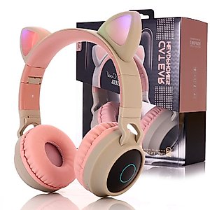Cat Ear Kids Bluetooth Headphones Wired with Mic for School - Wireless Boy Girls Noise Cancelling Bluetooth Headphones Foldable Children Headsets for iPad Kindle Airplane Travel Tablet (Beige Pink)