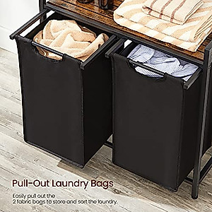 VASAGLE Laundry Basket, 2-Compartment Laundry Hamper, Pull-Out and Removable Laundry Bags, Oxford Fabric, Metal Frame, 2 x 12.2L, 28.7 x 13 x 28.3 Inches, Rustic Brown and Black UBLH201B01