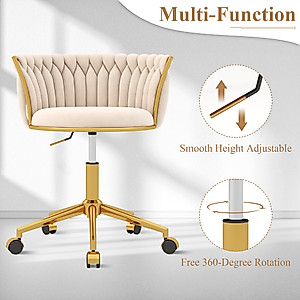 ABET Desk Chair with Wheels, Modern Velvet Office Chair for Desk, Hand Woven Vanity Makeup Chair for Girls Women Bedroom, 360° Swivel & Height Adjustable Gold Base Task Armchair, Beige